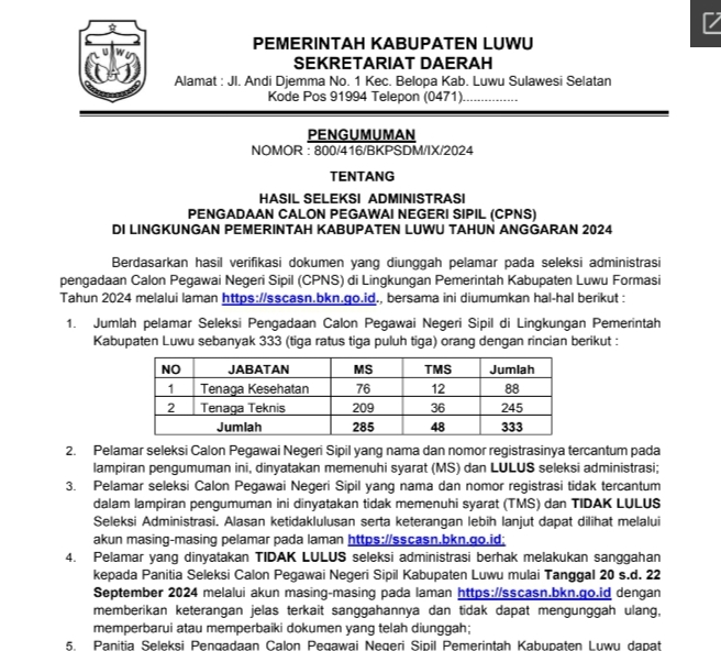 Hasil Seleksi Administrasi Pengadaan CPNS Pemkab Luwu tahun 2024